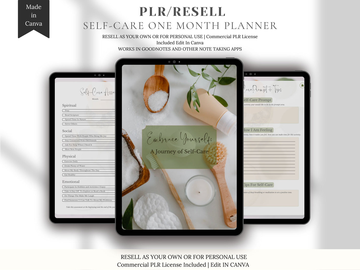 PLR Self-Care One Month Planner | Personal or Commercial Use | White L ...